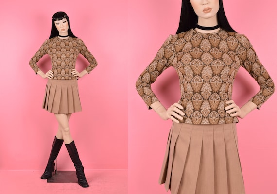 70s Knit Printed Top/ XS/ 1970s/ Long Sleeve - Etsy