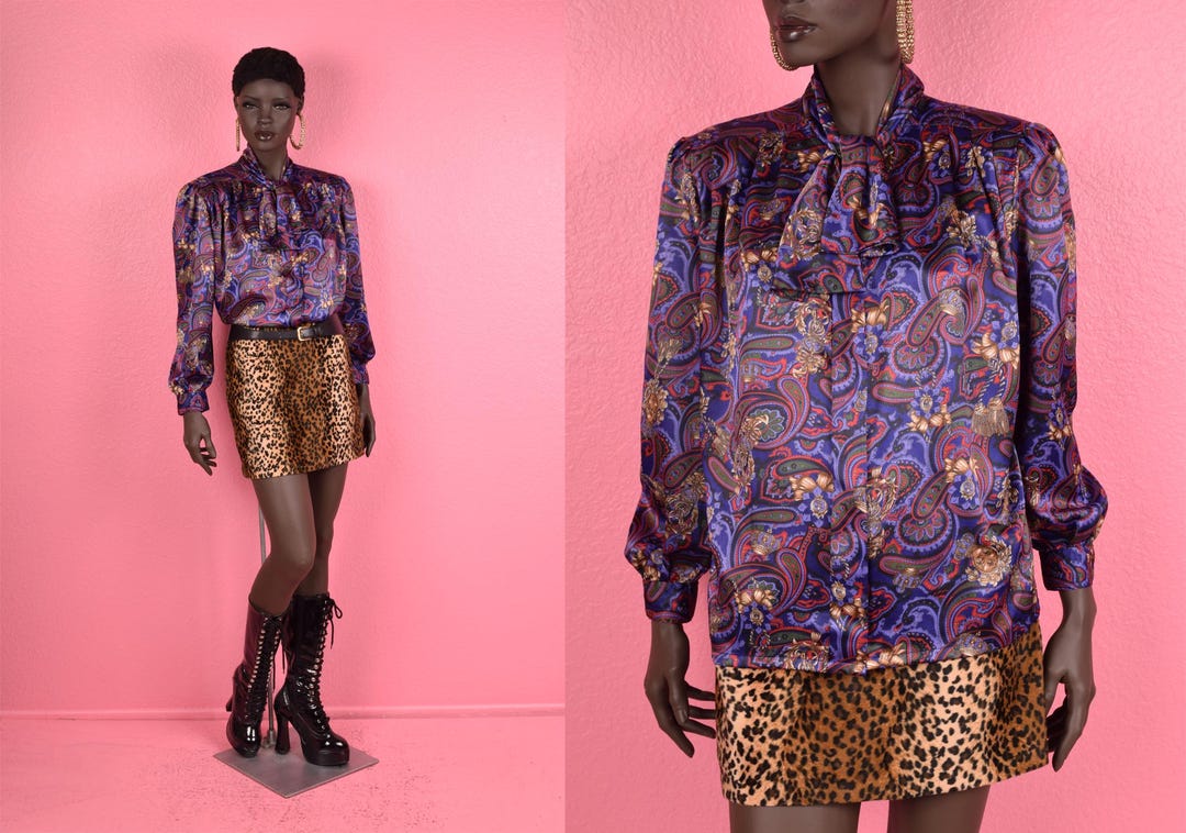 Vintage 80s Scarf Print Oversized Blouse/ US 8/ 1980s/ Long Sleeve ...