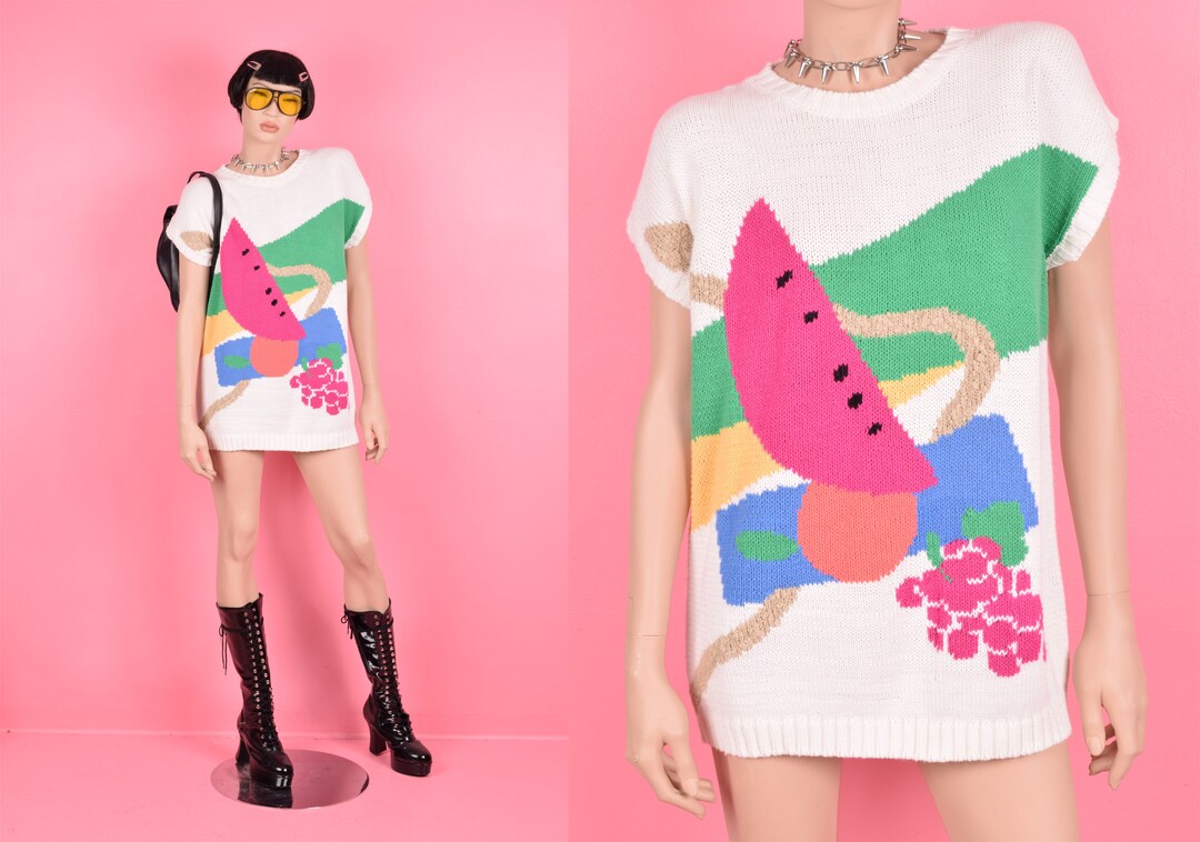 80s Fruit Pattern Sweater/ US 20W/ 1980s - Etsy