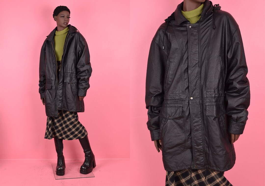Vintage 90s Black Leather Hooded Coat/ Gender-neutral Large/ 1990s ...