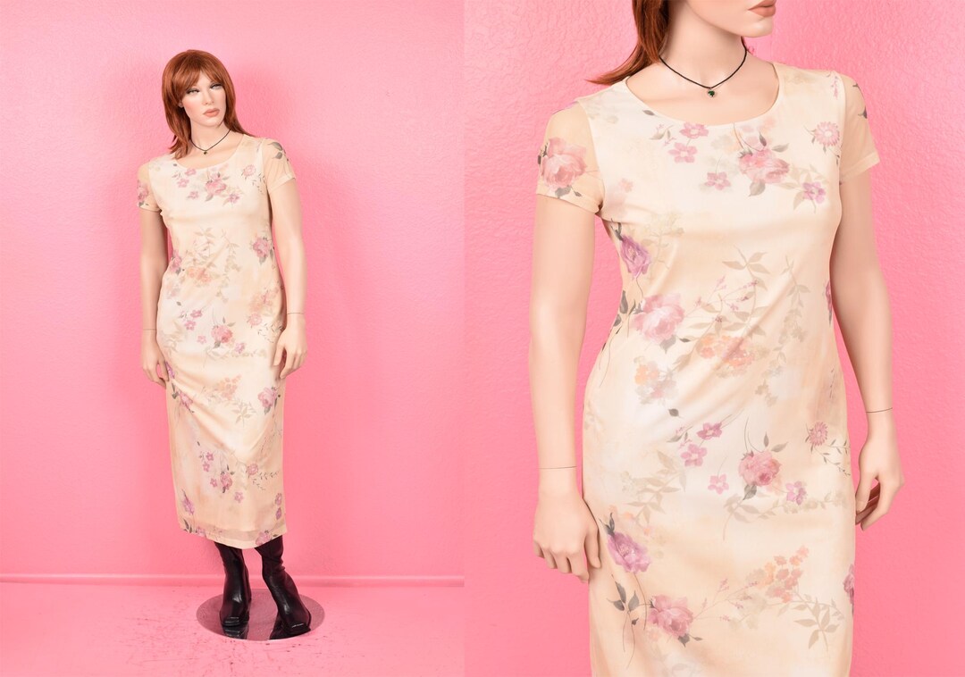 Vintage 90s Floral Mesh Overlay Dress/ Large/ 1990s/ Short Sleeve - Etsy
