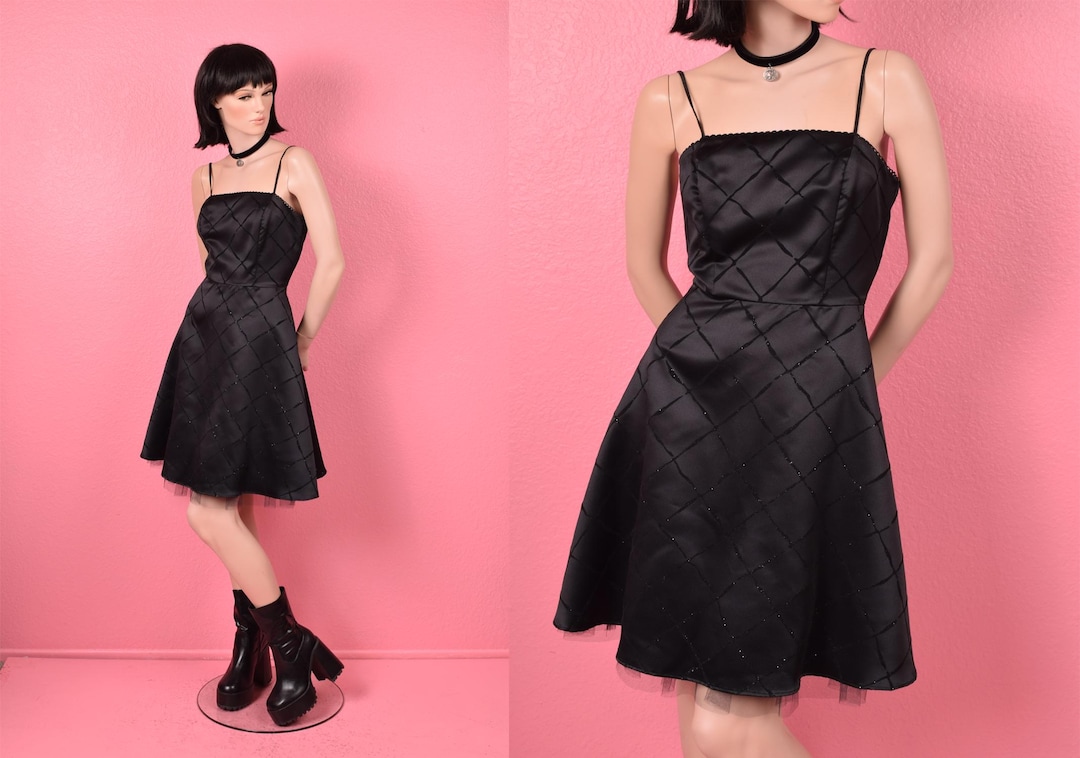 Vestido formal preto flocado vintage dos anos 90/00/EUA 7/1990/2000 ...