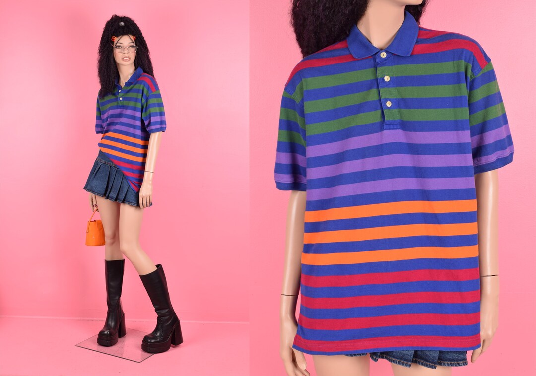 Vintage 90s Multi Color Striped Knit Polo/ Gender-neutral Medium-large ...