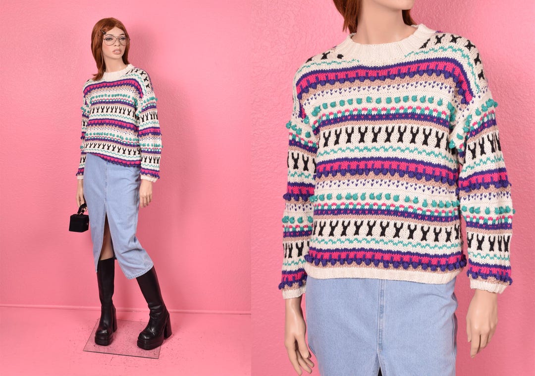 Vintage 80s Multi Pattern Knit Sweater/ Medium/ 1980s - Etsy