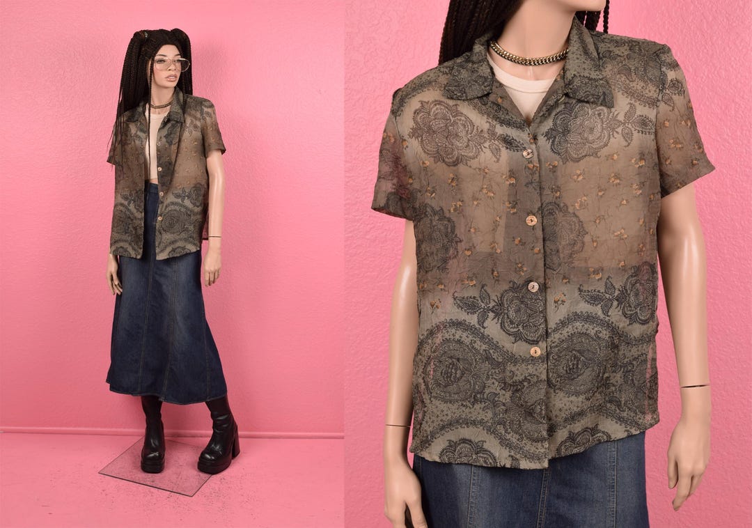 Vintage 90s Sheer Floral Print Top/ Petite Large-xl/ 1990s - Etsy