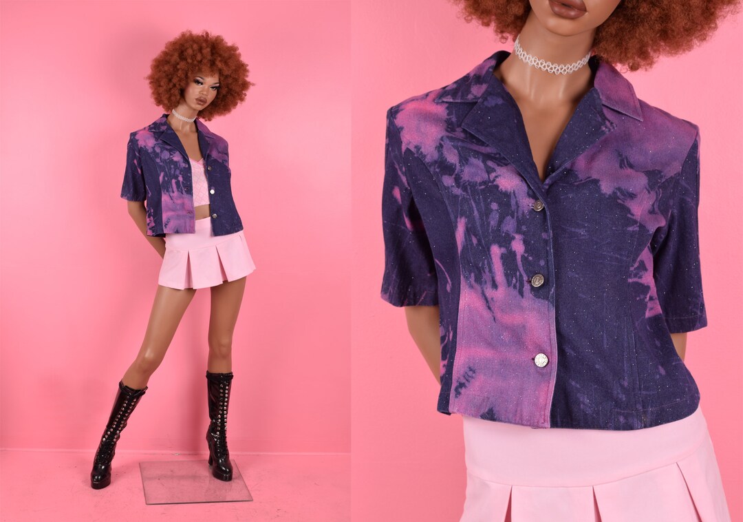 90s 00s Splatter Glitter Denim Jacket/ Medium/ Short Sleeve/ 1990s ...