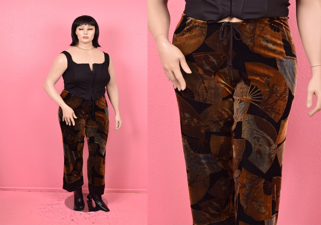 Vintage 90s Fan Pattern Velvet Pants/ XL/ 1990s - Etsy
