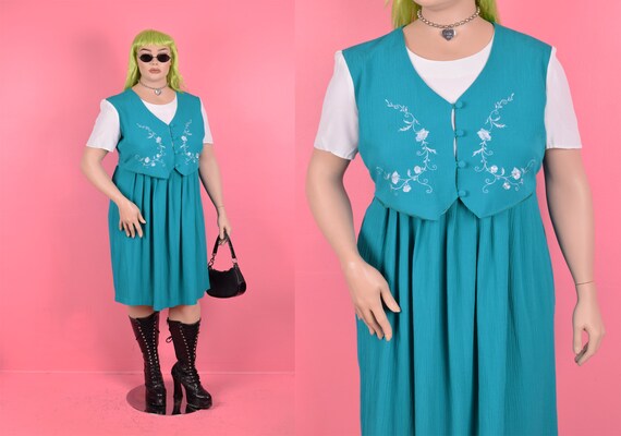 80s Floral Embroidered Layered Look Dress/ US 16/ 198… - Gem