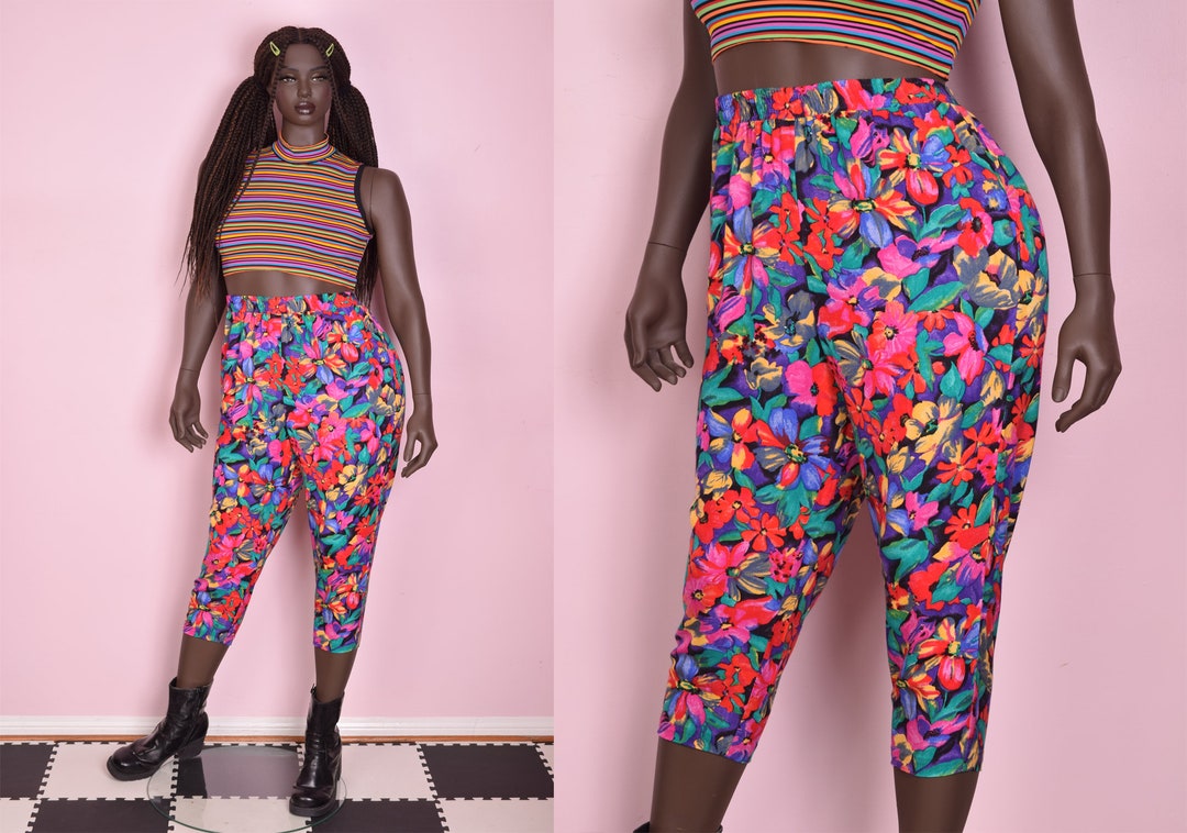80s Floral Print High Waisted Pants/ Large/ 1980s - Etsy
