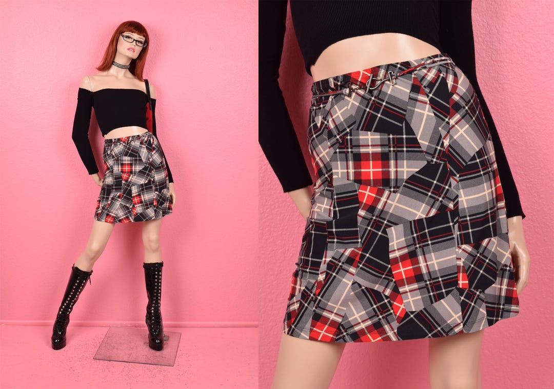 Vintage 00s Plaid Patchwork Pattern Belted Skirt/ Small, Medium/ 2000s ...