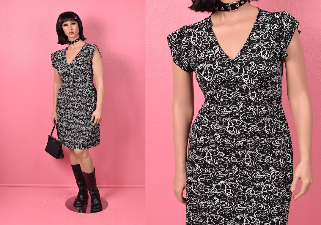 Vintage 00s Black and White Swirl Pattern Dress/ Large/ 2000s - Etsy