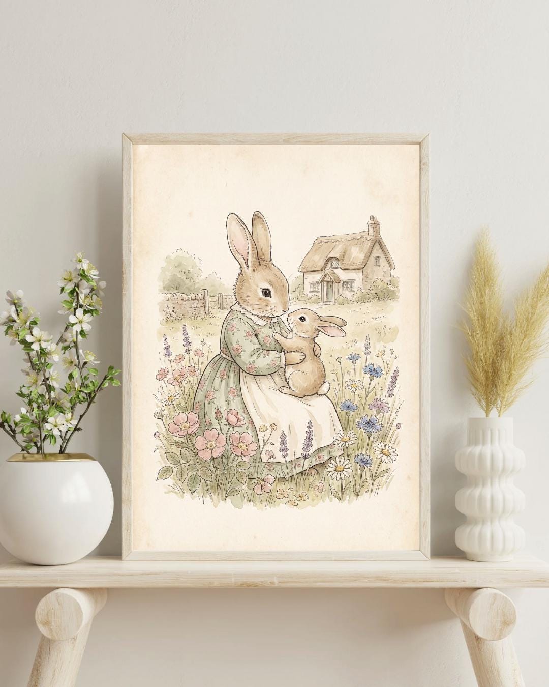 Cottagecore Mother and Baby Bunny Print, Vintage Floral Nursery Art ...