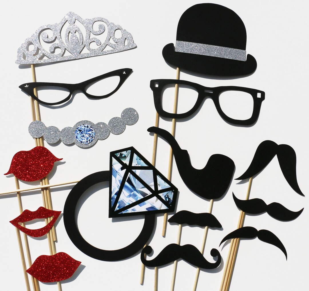 Party Photo Booth Set - 15 Piece Set - GLITTER Wedding Photobooth Props ...