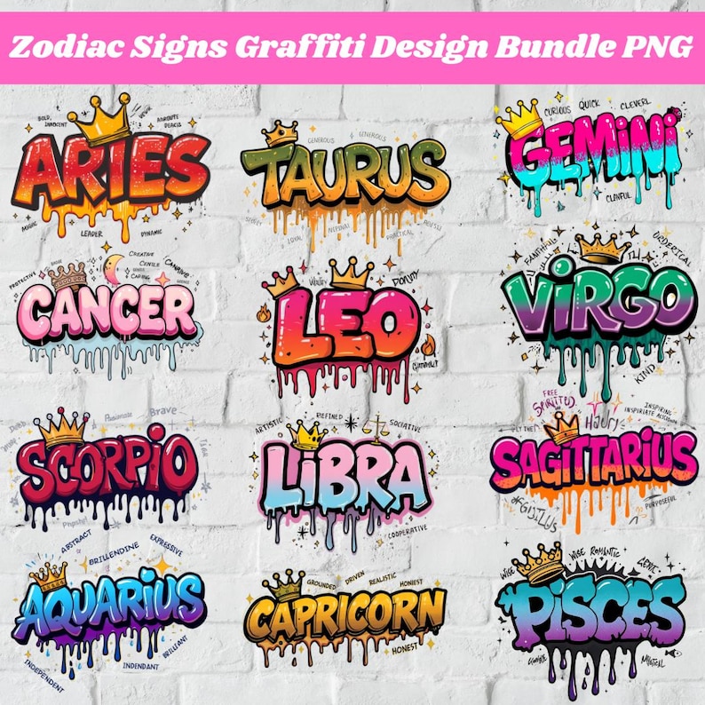 Zodiac Graffiti PNG Bundle, Horoscope Astrology Clipart (digital ...