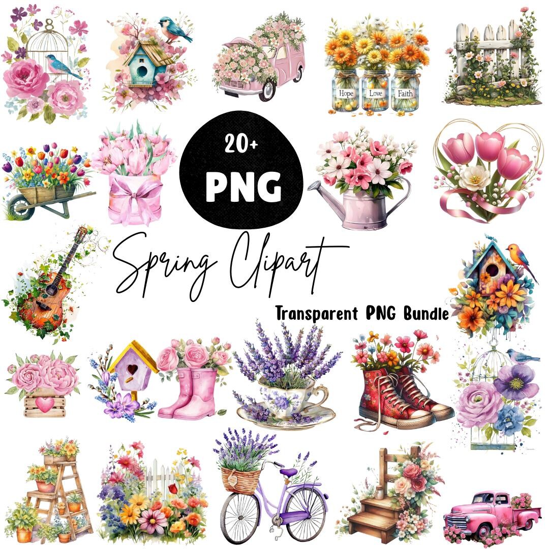 Spring Clipart Bundle, Watercolor Floral Illustrations, Birdhouse ...