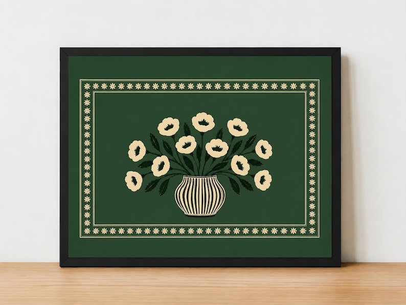 Dark Green Folk Art Floral Print, Cream Flowers in Striped Vase ...