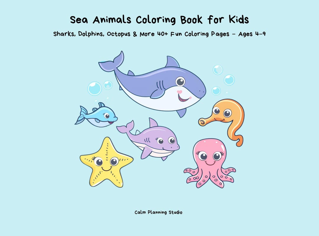 Sea Animals Coloring Book for Kids 40 Plus Pages Sharks Dolphins ...