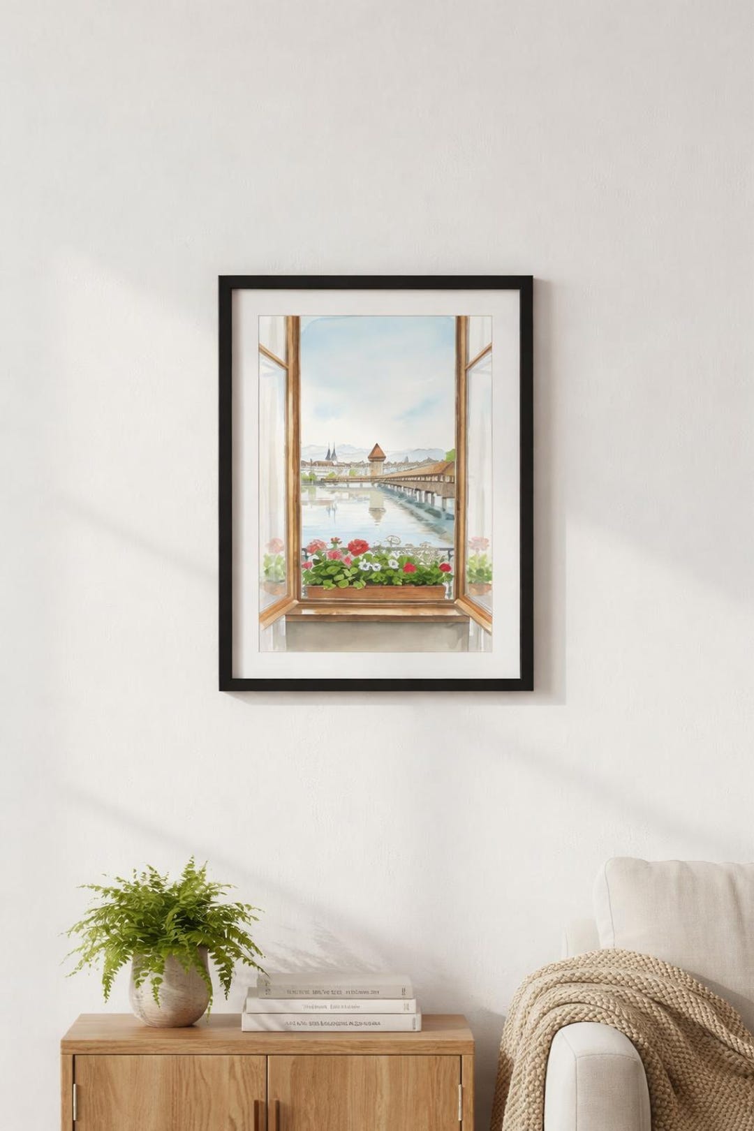 Lucerne Chapel Bridge Watercolor Poster - Seen From Inside Window View ...