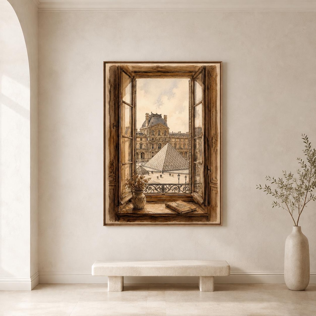 Louvre Paris Print, Watercolor Window View Wall Art, French Travel ...