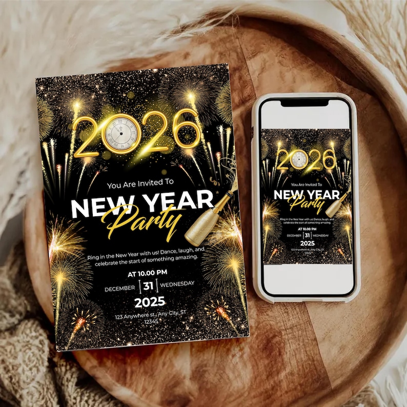 2026 New Year Party Invitation Editable Canva Template, Gold NYE Invite ...