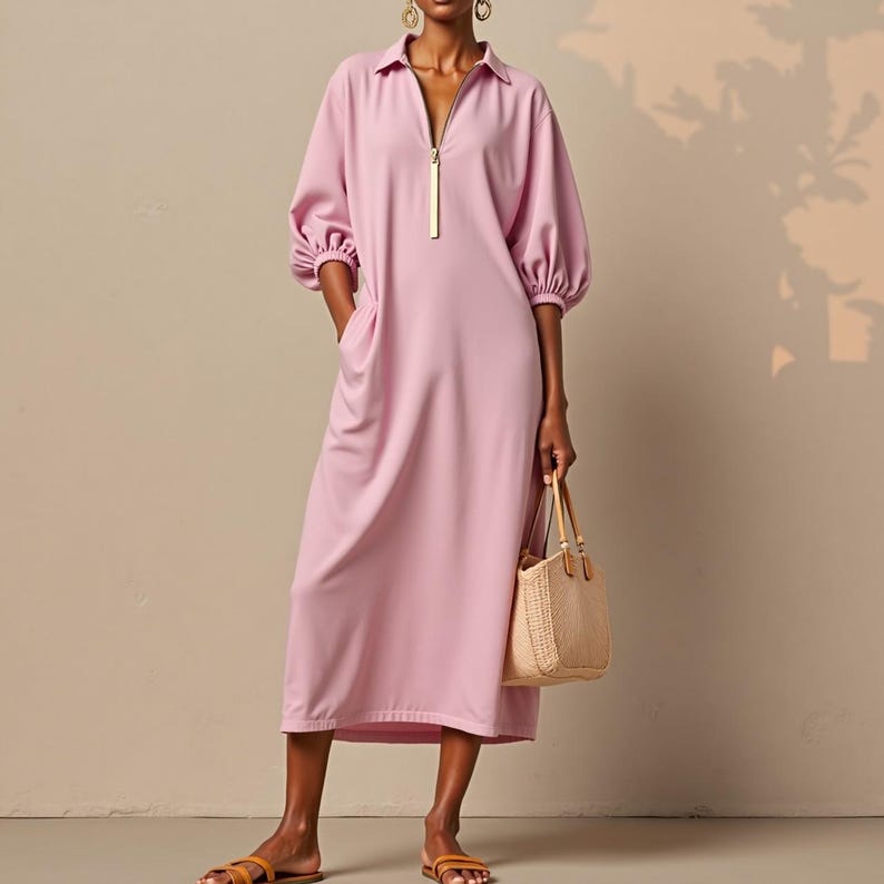 Boho Midi Dress With Balloon Sleeves Pockets & Zip Neckline | Loose ...