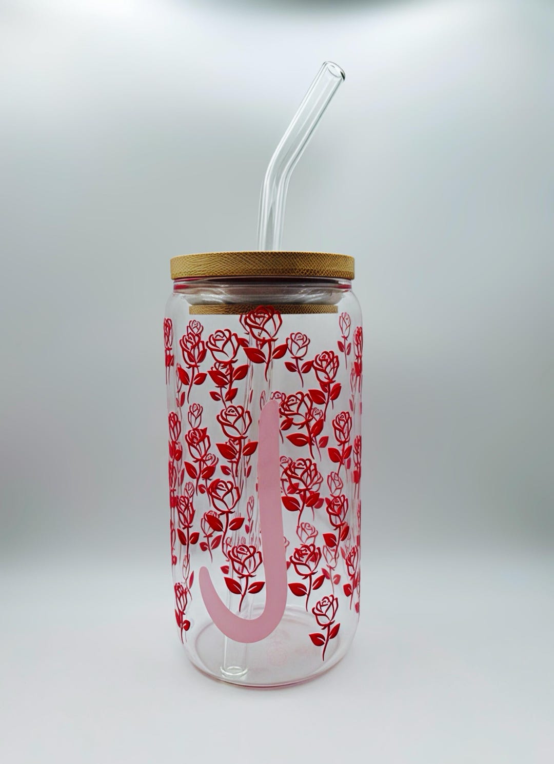 Custom Initial With Roses 16oz Glass Tumbler With Lid and Straw. - Etsy