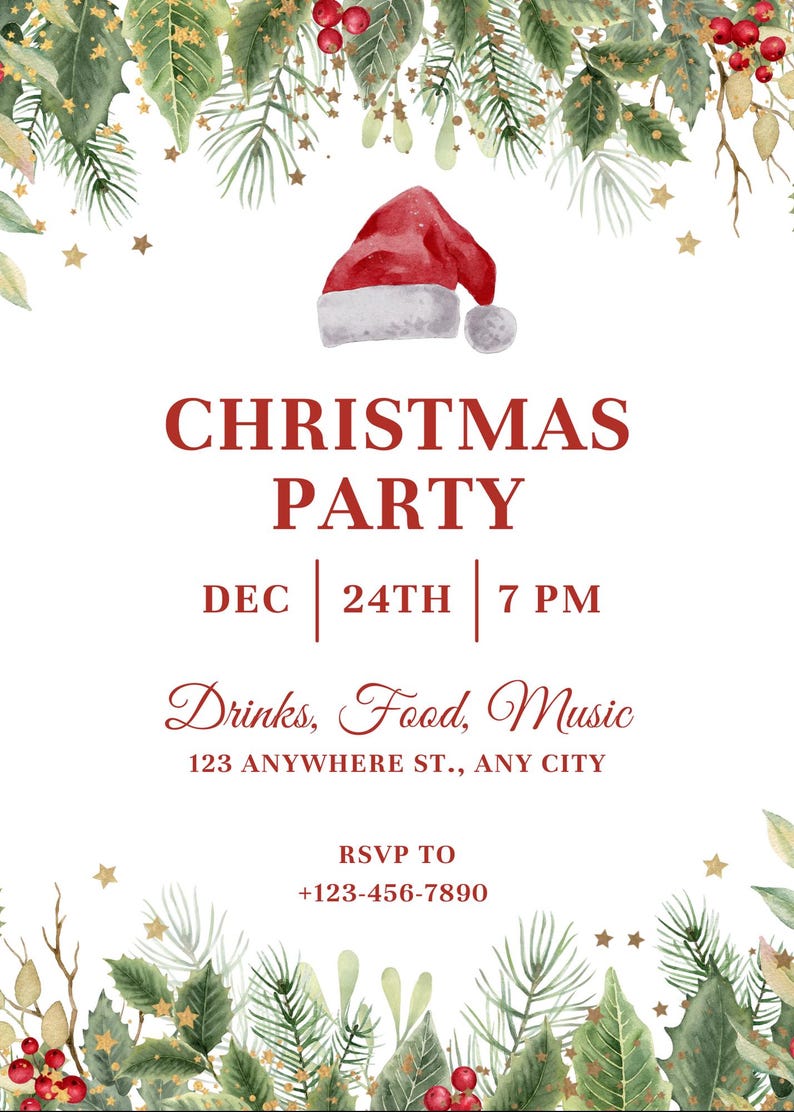 Editable Christmas Party Invitation Template, Gold Holiday Invite ...