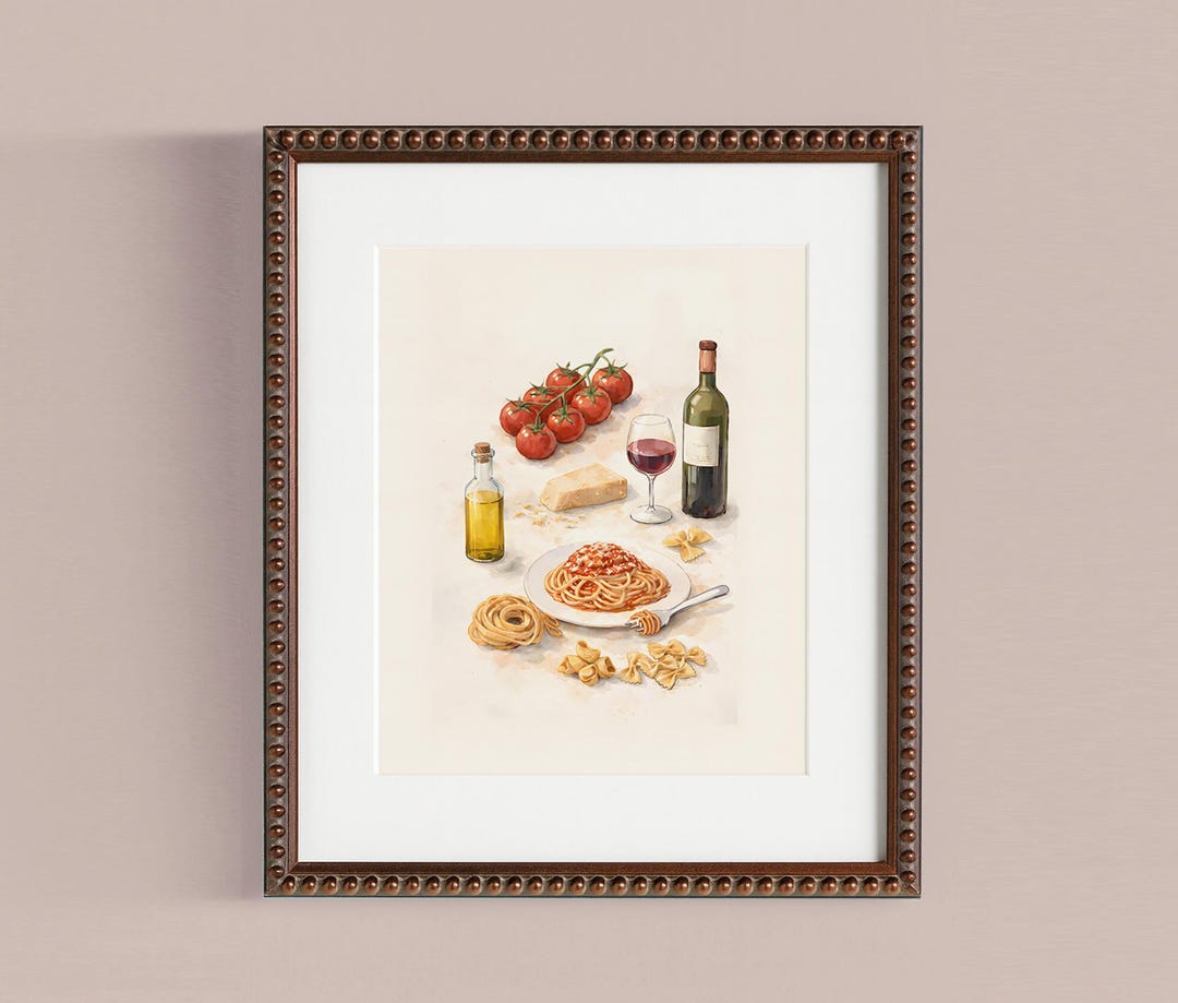 Italian Pasta Still Life Art Print – Tomato Vine, Wine & Pasta Painting ...