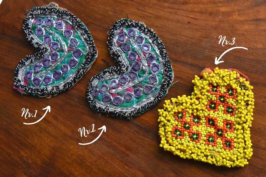 Purple Sew on Vintage Heart Patches With Mirrors / Yellow Beaded Heart ...