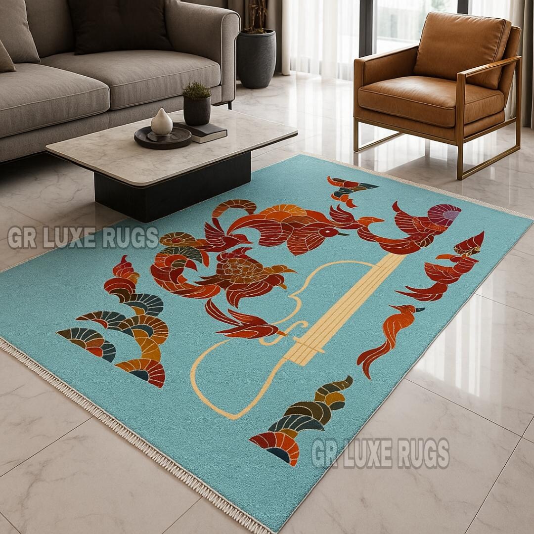 Handmade Knotted Rug – Blue Bird Design, Floral Art Carpet - Etsy