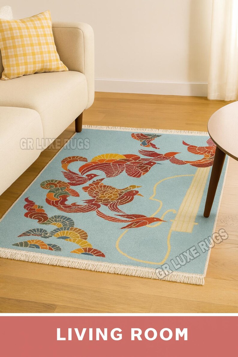 Handmade Knotted Rug – Blue Bird Design, Floral Art Carpet - Etsy