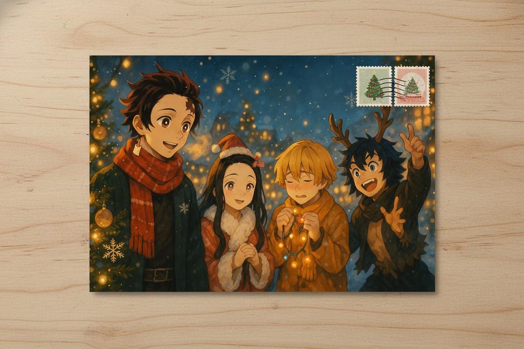Demon Slayer Christmas Postcard Anime Holiday Card, Tanjiro Nezuko ...
