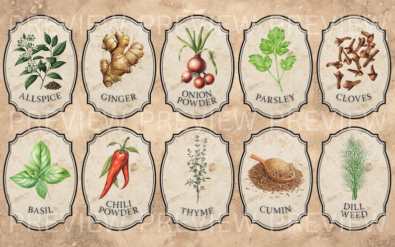 25 Vintage Spice Jar Labels, Water & Oil Resistant Kitchen Organization ...