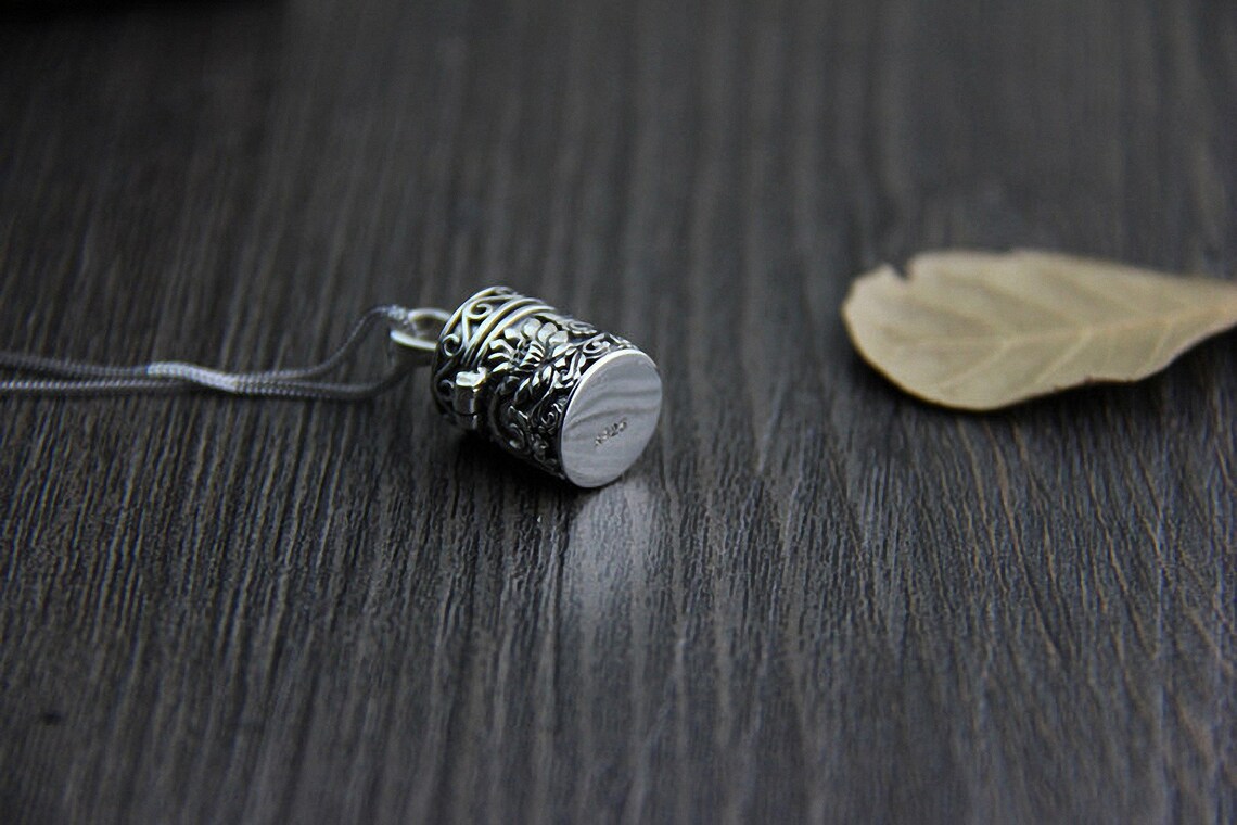 925 Sterling Silver Cylinder Locket Pendants Silver Lotus | Etsy