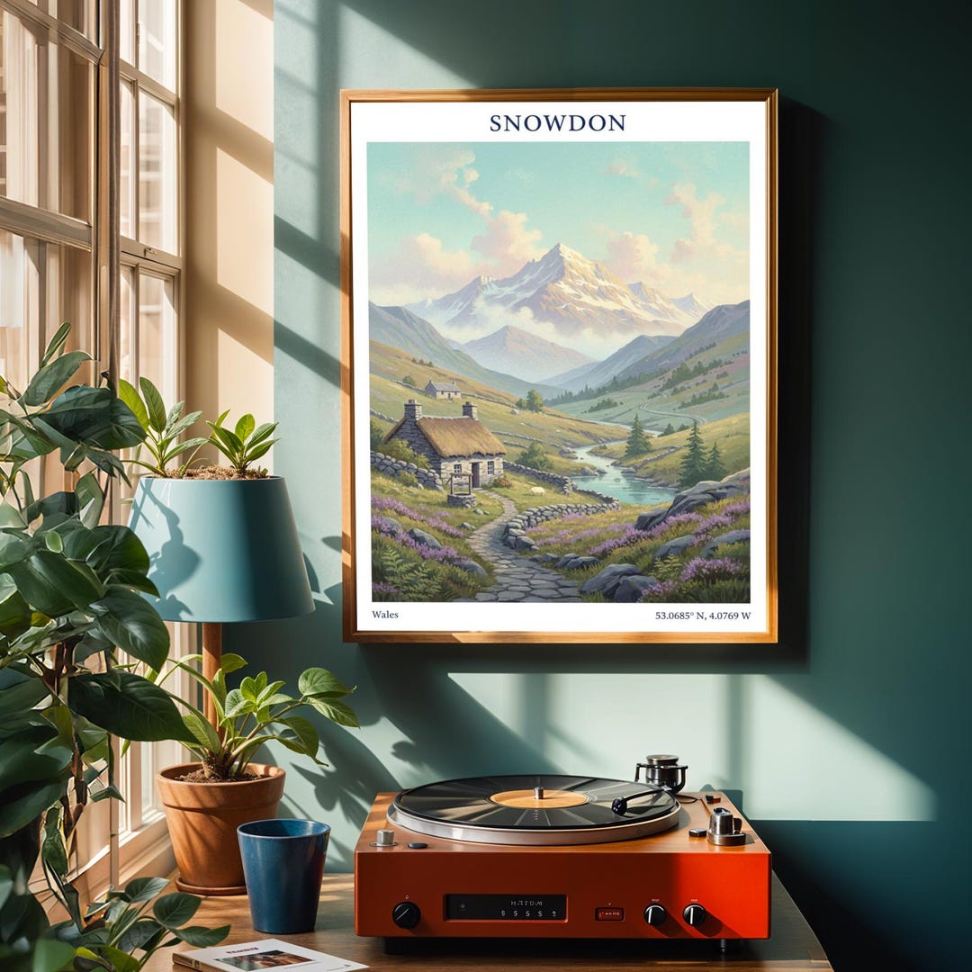 Snowdon Poster – Watercolor Inspired Landscape, Greens Purple and Sky ...