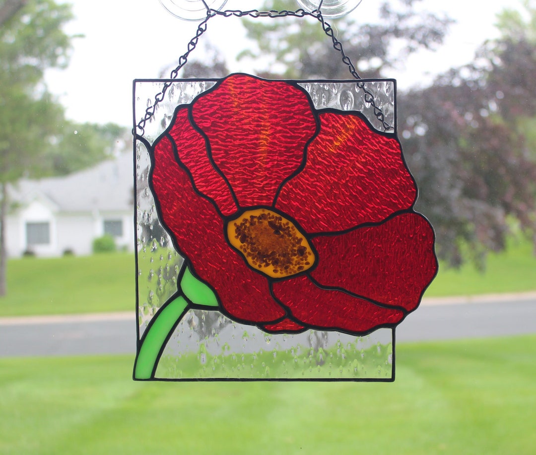 Stained Glass Suncatcher Poppy 10 In. Square - Etsy