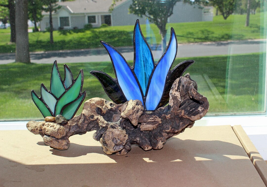 Stained Glass Agave Plants in Driftwood - Handcrafted Succulent Art - Etsy
