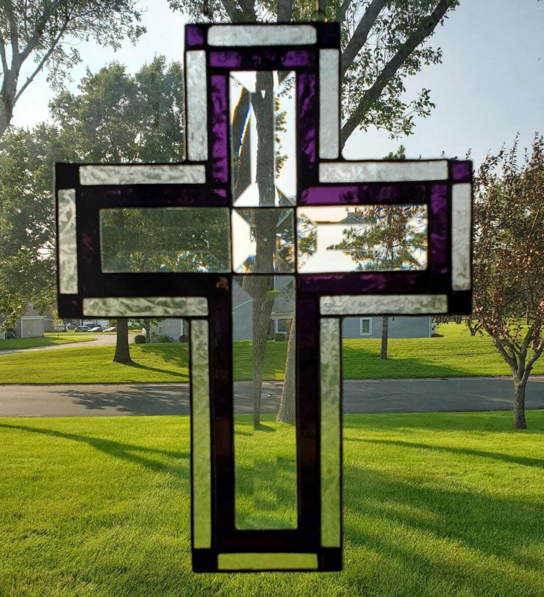 Stained Glass Cross - 12.5 In. Tall - Bevel Glass Cross With Deep ...