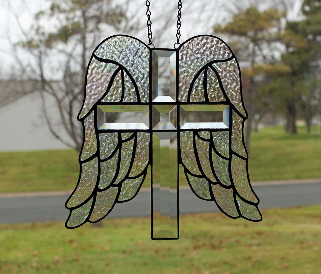 Stained Glass Angel Wings and Beveled Glass Cross - 11-1/2 Inches Tall ...