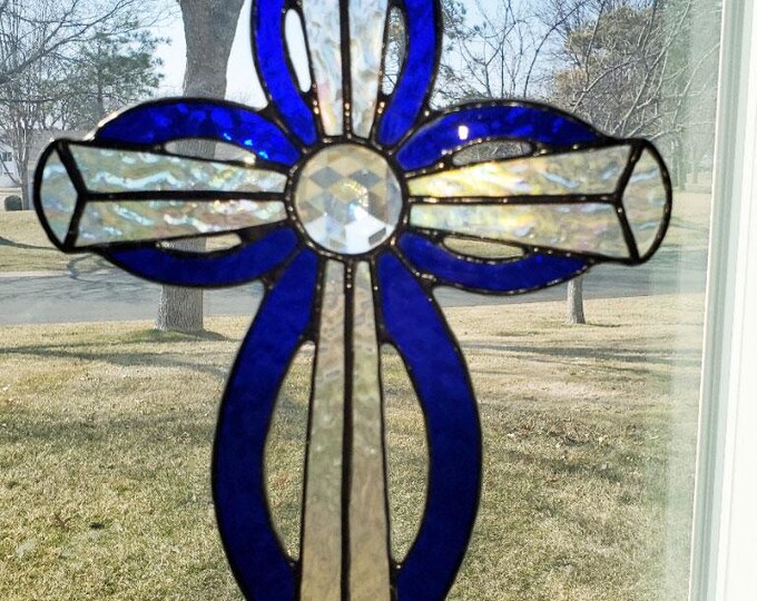 Stained Glass Cross - 11 In. Tall - Royal Blue Loops With Jewel Center ...