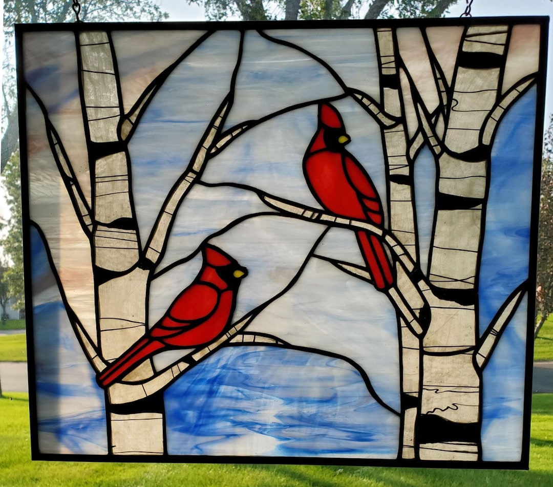 Cardinals and Birch Trees - Stained Glass Window Panel - 16.5" Wide X ...
