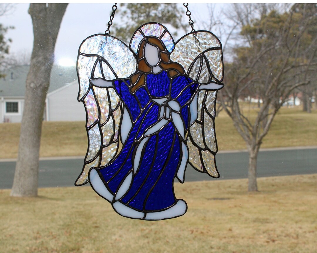 Stained Glass Angel - 11 in Tall - Grace - Royal Blue With White Ribbon ...