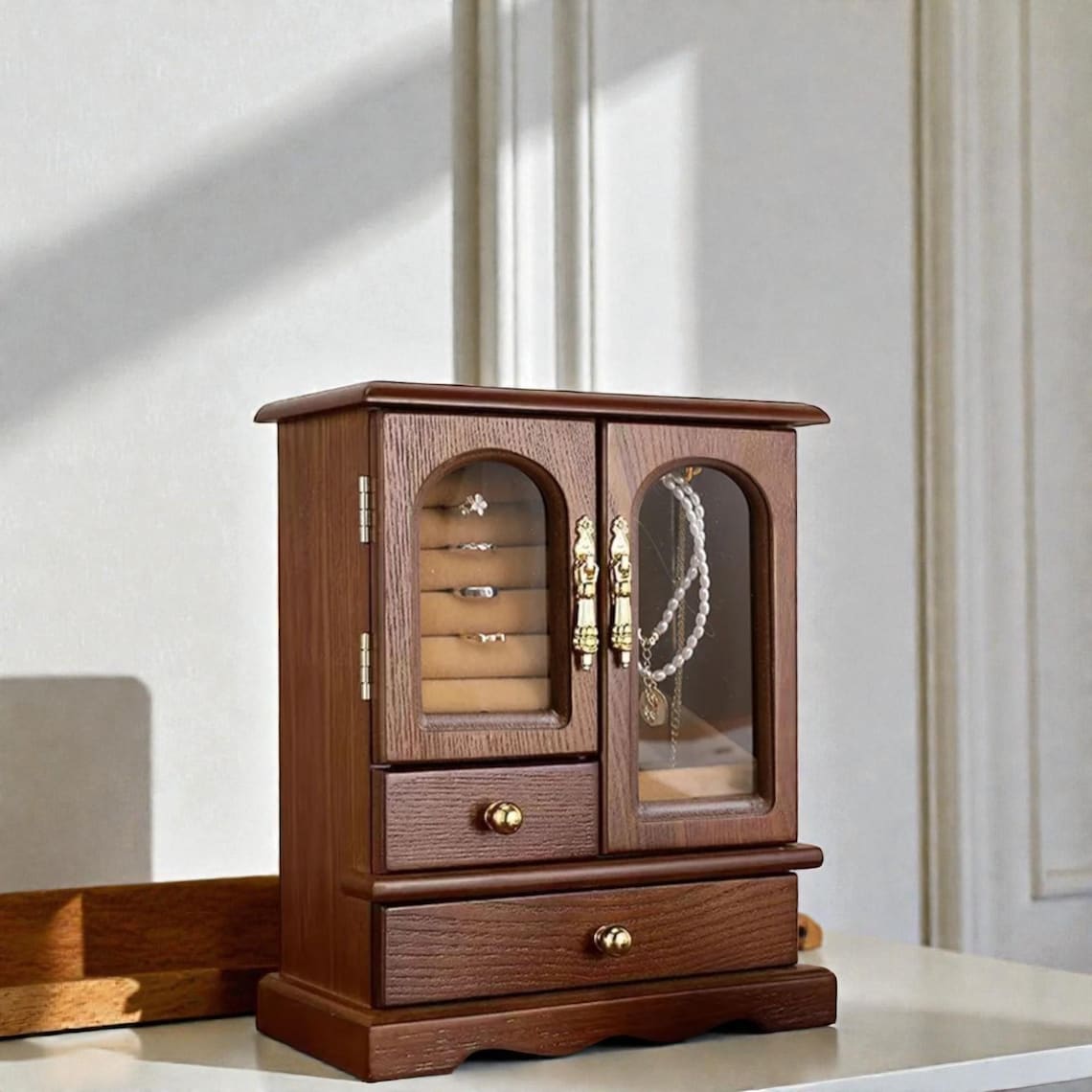Vintage Wooden Jewelry Box With Glass Doors, Elegant Jewelry Organizer ...