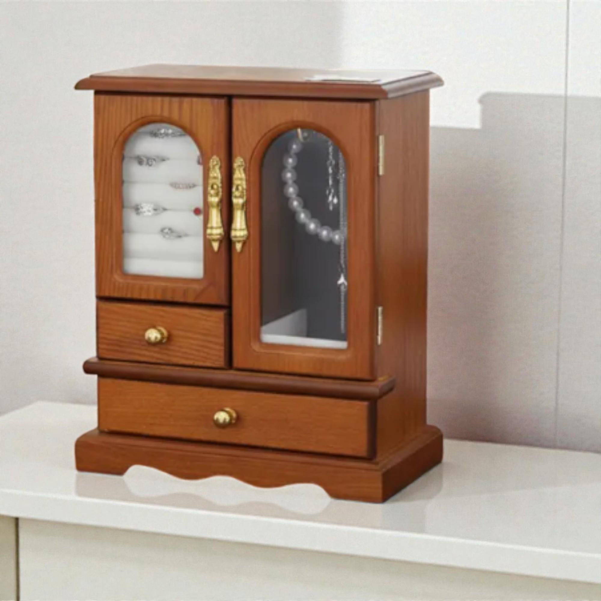 Vintage Wooden Jewelry Box With Glass Doors, Elegant Jewelry Organizer ...