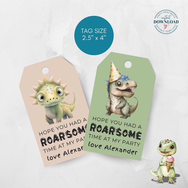 Dinosaur Party Favor Gift Tags, Editable Thank You Labels (instant ...