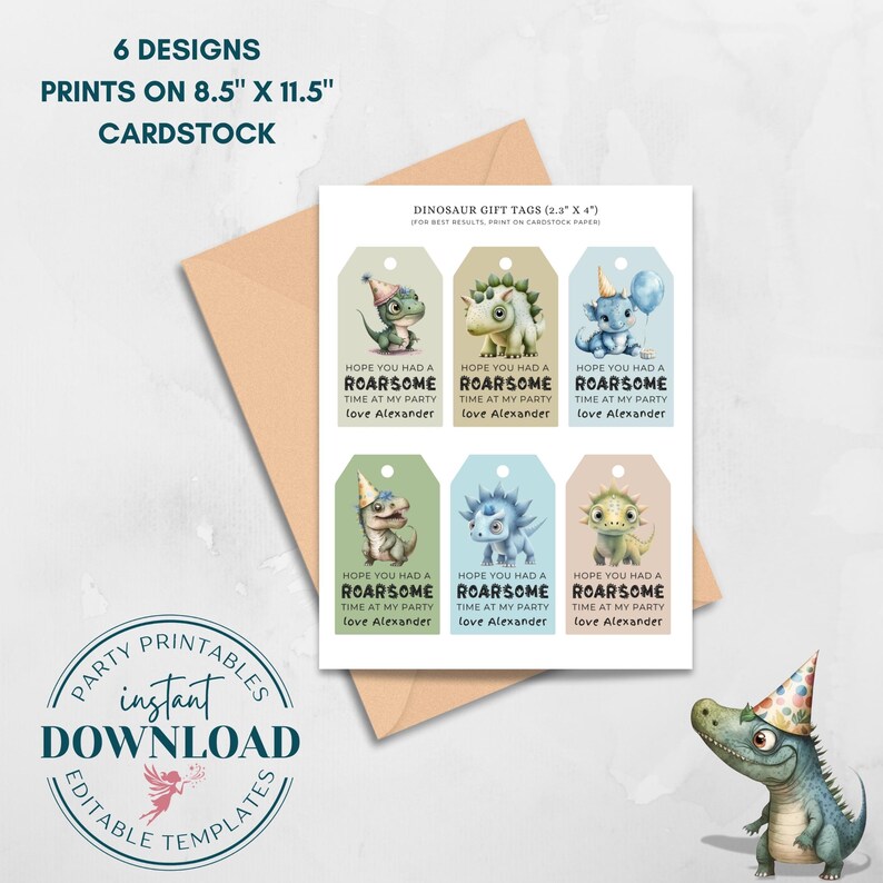 Dinosaur Party Favor Gift Tags, Editable Thank You Labels (instant ...