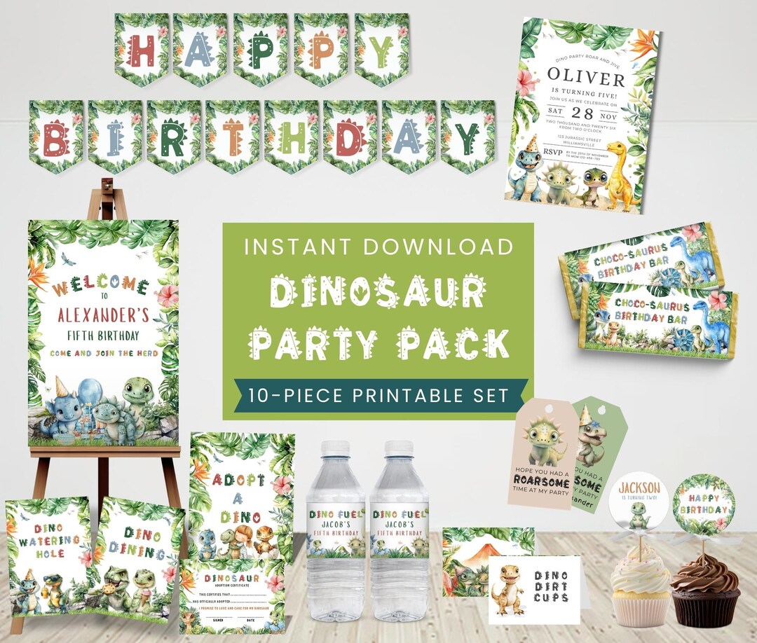 Dinosaur Party Printable Pack, 10-piece Coordinating Set (digital ...