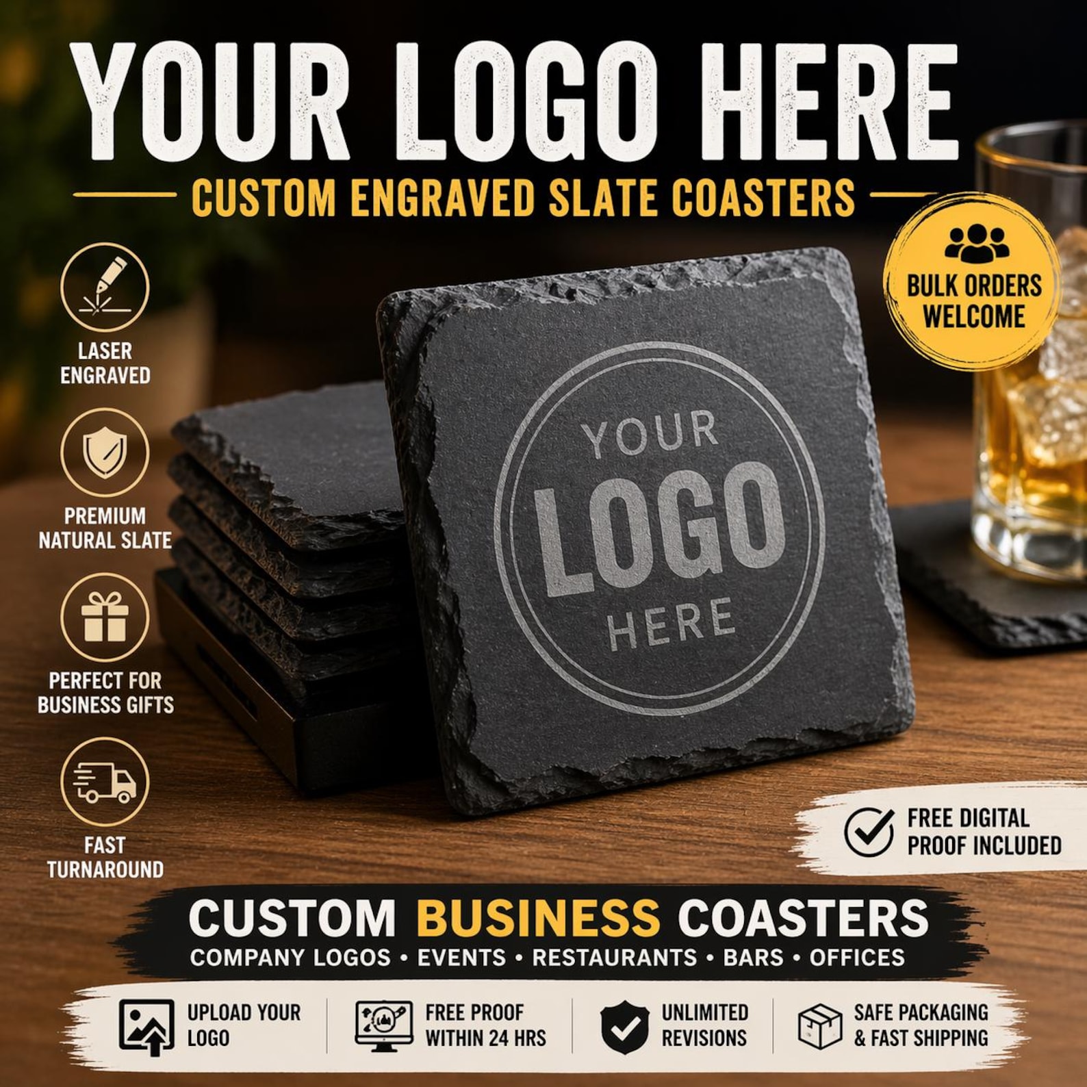 Custom Logo Slate Coasters - Personalized Engraved Business Gift ...