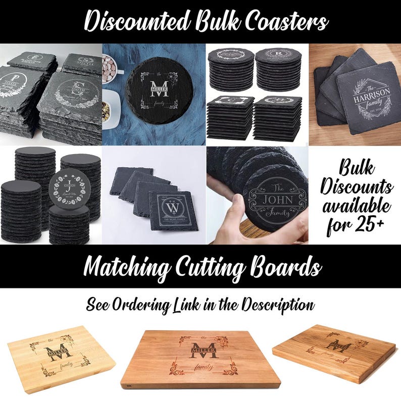 Personalized Family Name Slate Coasters - Custom Monogram Engraved Set ...