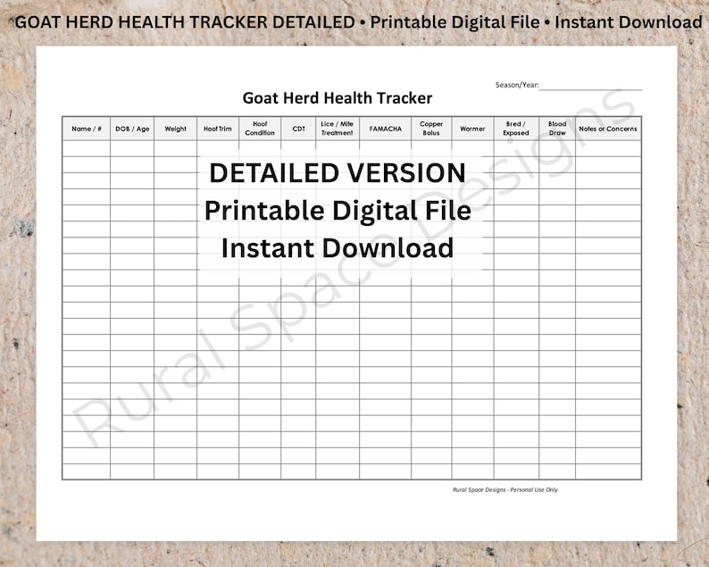 Goat Herd Health Tracker Printable - Livestock Record Sheets - Herd ...